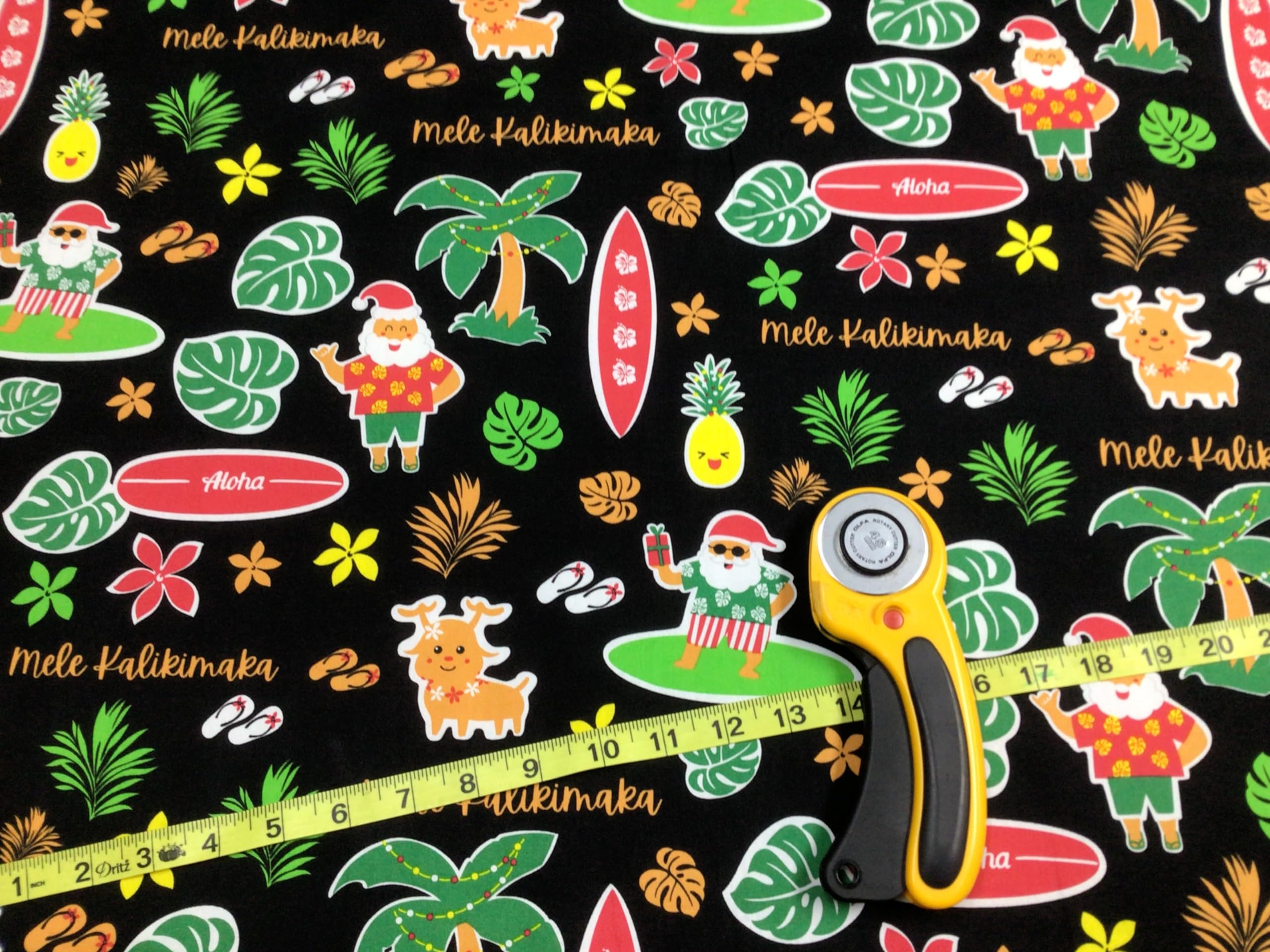 Mele Kalikimaka Hawaiian Christmas Surfing Santa in Black Background Hawaiian Print 100% Cotton Fabric Sold by The Yard