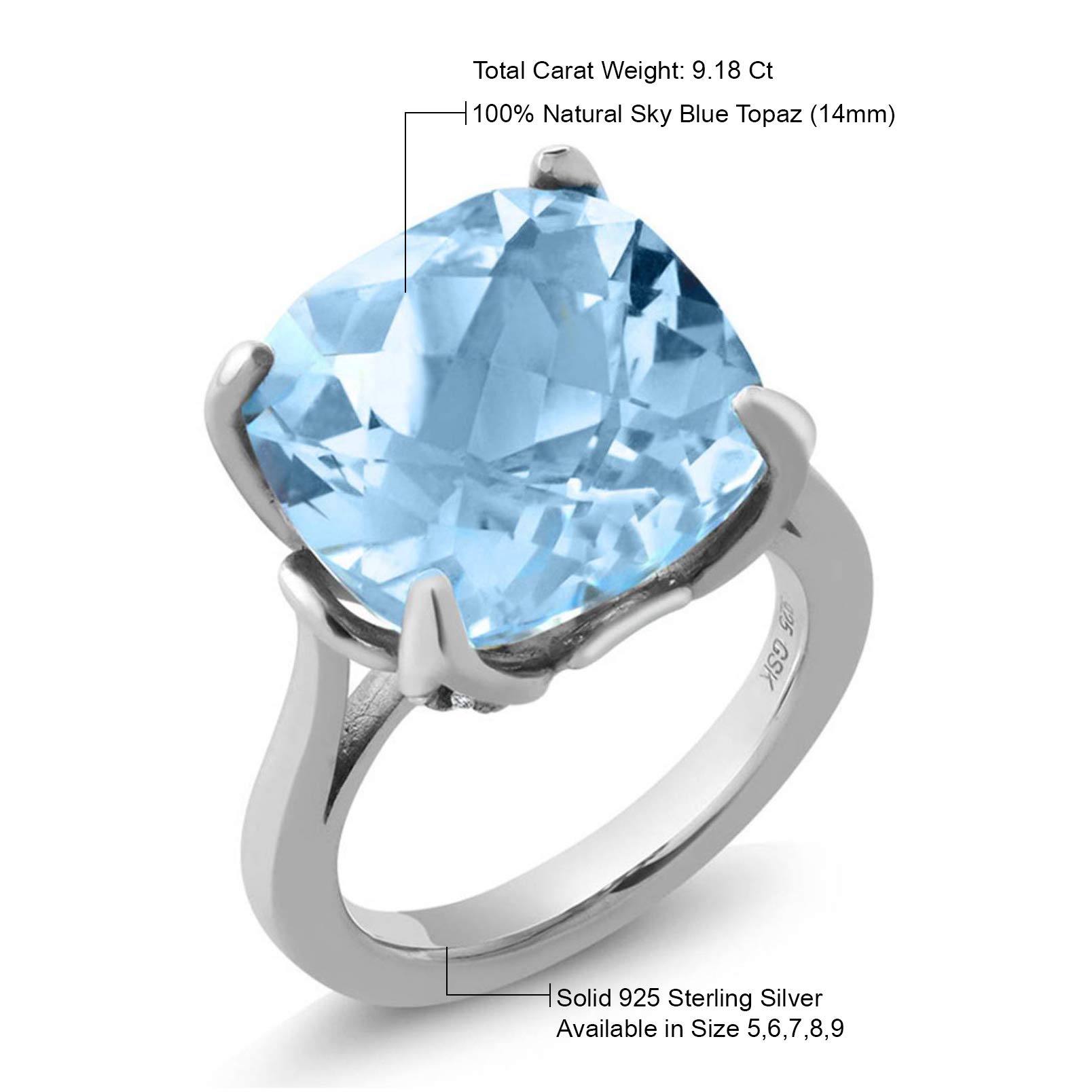 Gem Stone King 925 Sterling Silver Sky Blue Topaz Ring For Women (9.18 Cttw, Cushion Checkerboard Cut 14MM, Gemstone Birthstone, Available In Size 5, 6, 7, 8, 9)
