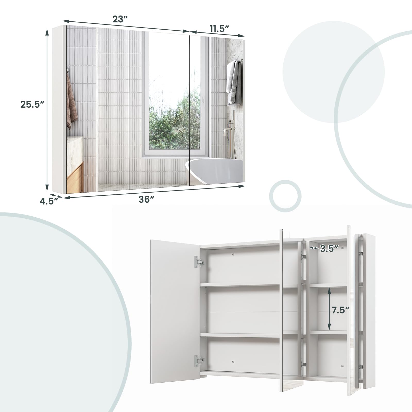 Giantex Bathroom Medicine Cabinet with Mirror - Extra Large Wall Mounted Cabinet with 3 Frameless Mirrored Doors, 2 Adjustable Shelves, 36β x 25.5β Recessed or Surface Mount Bathroom Cabinet