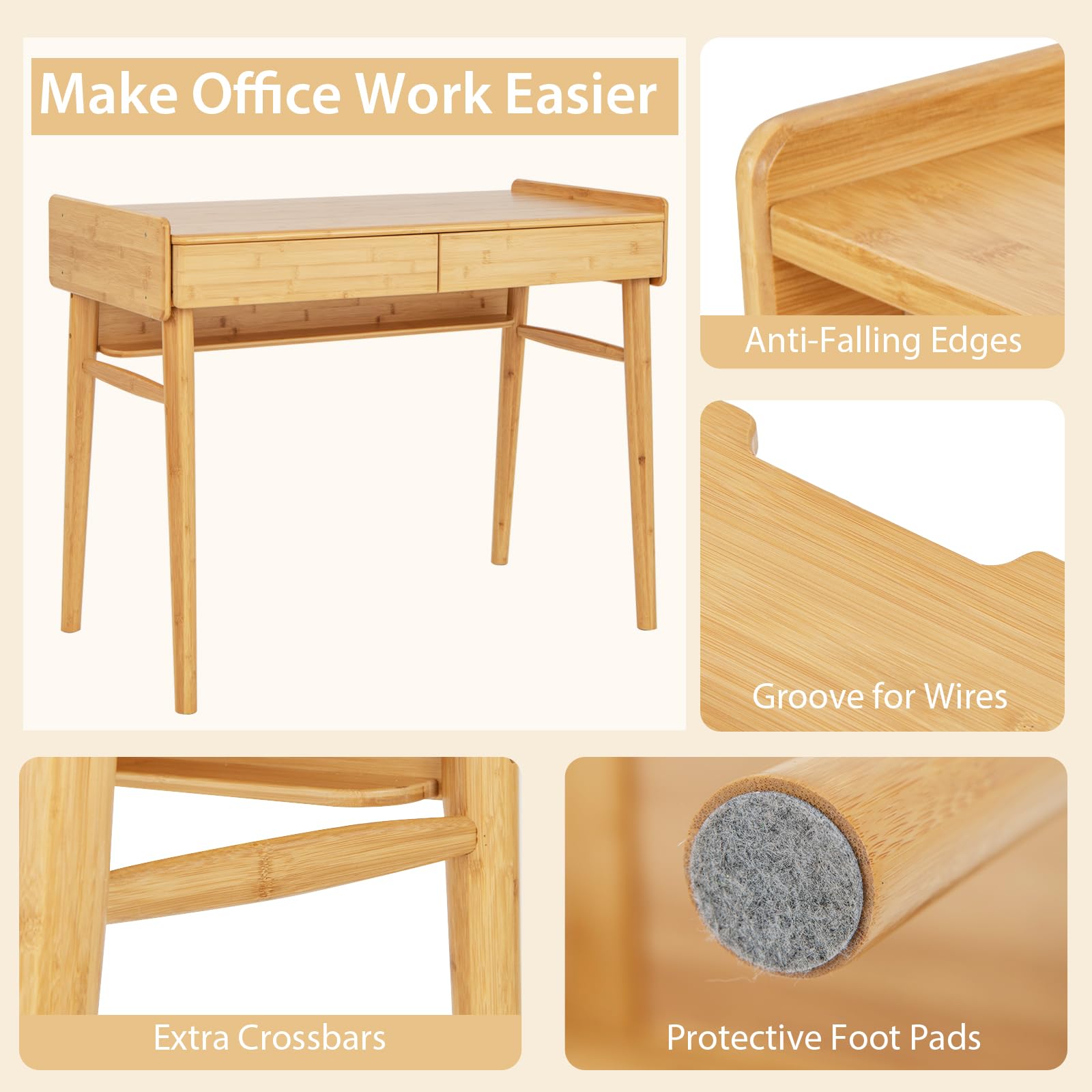 Tangkula Bamboo Mid Century Desk with 2 Storage Drawers, Home Office Study Writing Desk with Shelf & Cable Management Groove, Home Office Desk for Working & Learning