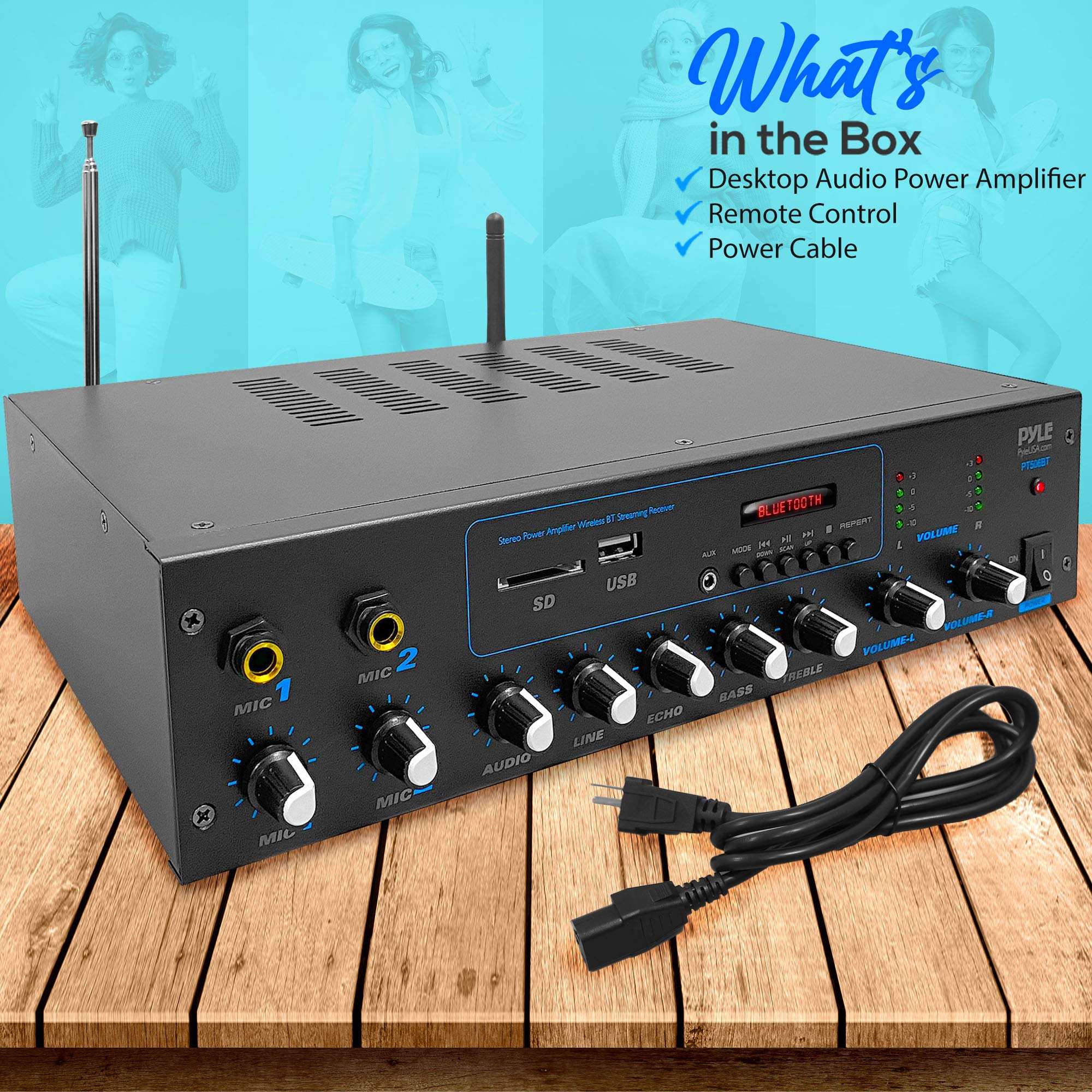Pyle Professional Powered Amplifier & Bluetooth Receiver Stereo Audio System, FM Radio, (2) 1/4'' Microphone Input Jacks, MP3/USB/SD/AUX Playback, LCD Display ID3 Tag Readout 600 Watt - PT506BT.5