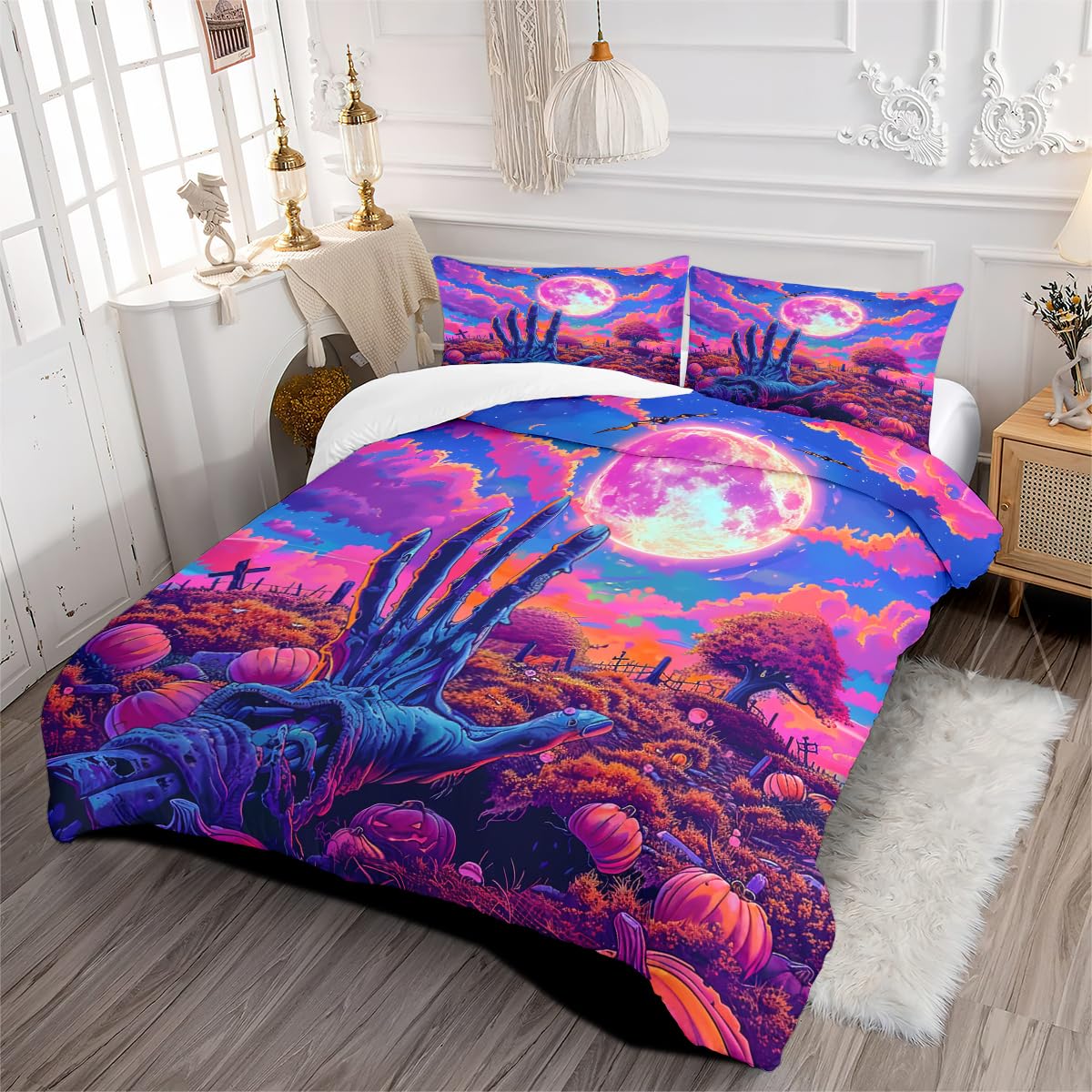 Menkala Zombie Hand Duvet Cover King Halloween Pumpkin Bedding Set Graveyard Undead Hand Comforter Cover Horror Scary Skull Pattern Bed Sets 3 Pieces Ultra Soft Washed Microfiber
