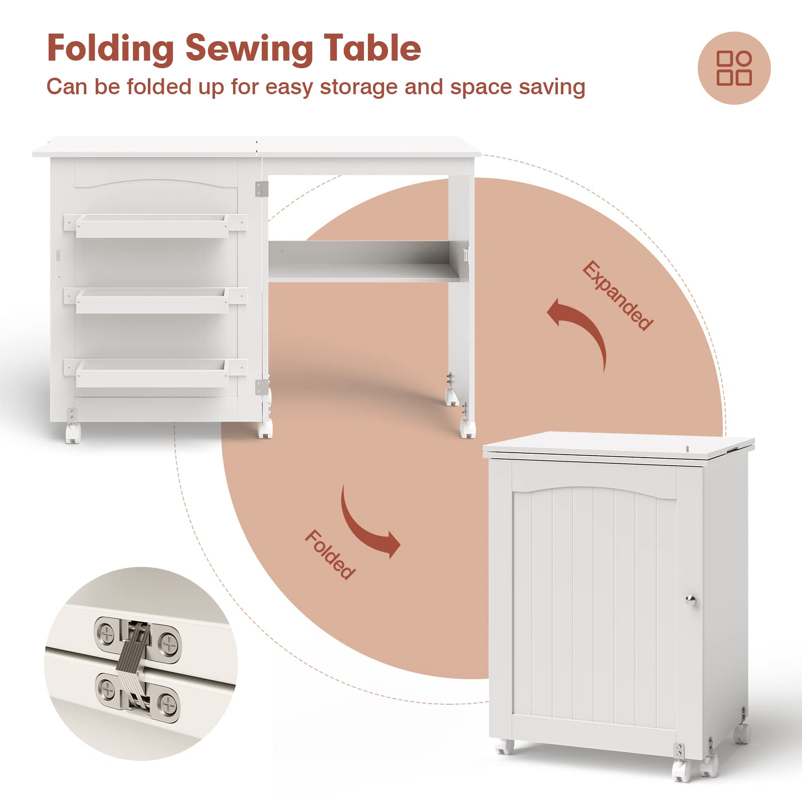 Giantex Folding Sewing Craft Table, Sewing Cabinet with 3 Storage Bins and Shelf, Rolling Craft Station Sewing Machine Work Desk with Lockable Wheels for Apartment Small Spaces, White