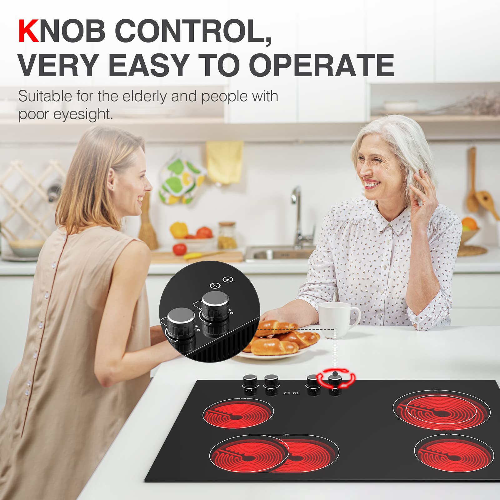 GTKZW Electric Cooktop 30 Inch, 6800W Ceramic Electric Stove Top with 4 Burners 220v, Knob Control, 9 Heating Levels, Kids Lock & Timer, Hot Surface Indicator, Hardwired, no Plug