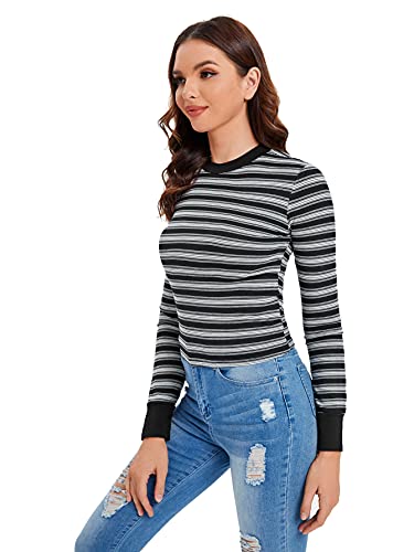 SheIn Women's Striped Mock Neck Shirt Top Long Sleeve Turtleneck Tee T-Shirts Black Stripe Medium