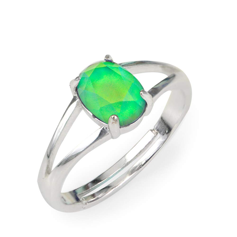 FUN JEWELS Minimalist Mood Ring in Silver Size Adjustable with Color Changing Facet Oval Crystal Stone For Women