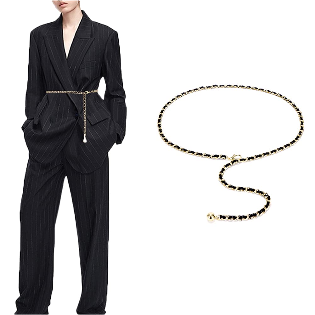 Gold Chain Waist Belts for Women for Dresses Black Leather Belt Belly Chain Jewelry for Women Long Waist Belt Body Chain Jewelry for Summer Beach