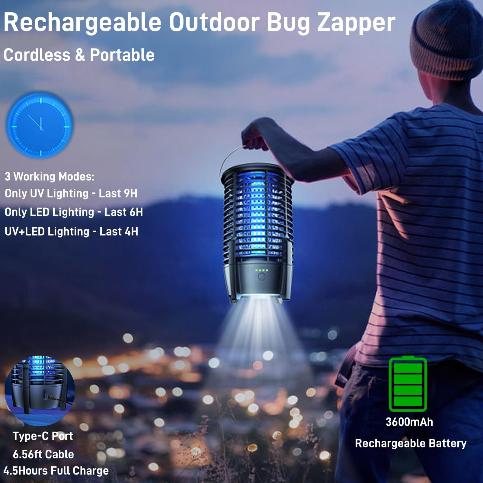 Rechargeable Cordless Bug Zapper Outdoor, Mosquito Zapper Rechargeable, Battery Bug Zapper with LED Light/3600mAh Battery, Bug Zapper Light, Portable Fly Zapper for Camping Patio Backyard Garden
