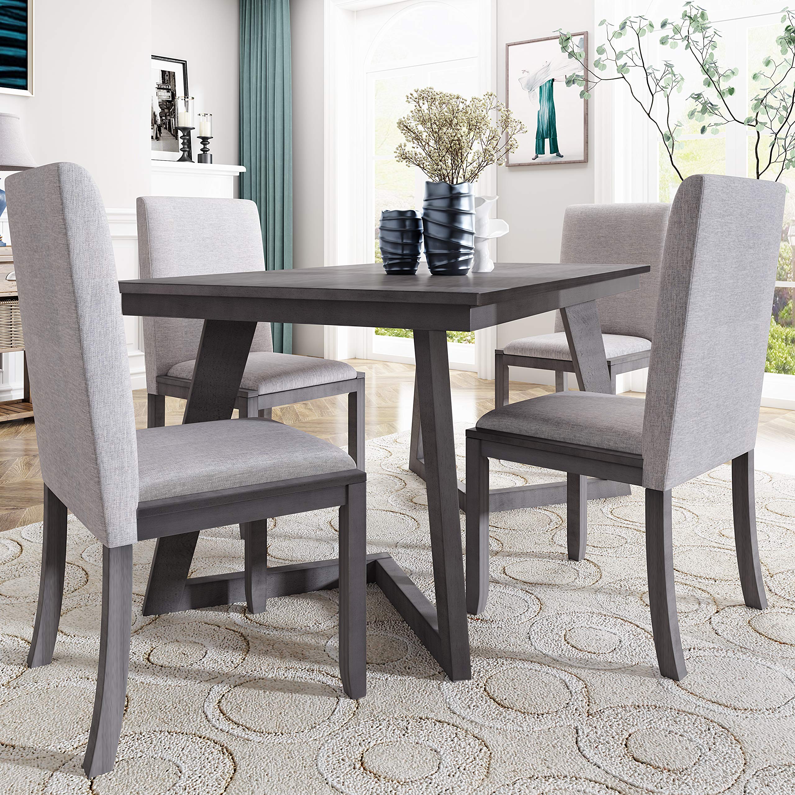 GLORHOME 5-Piece Family Wood Dining Table Set for 4, Farmhouse Rustic Style Kitchen Furniture with Linen Fabric Chairs, Gray