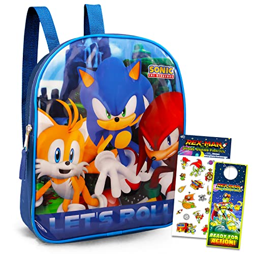 Sonic the Hedgehog Mini Backpack - 11" Sonic Backpack Bundle with Mario Stickers, and More (Sonic Backpack for Kids and Toddlers)