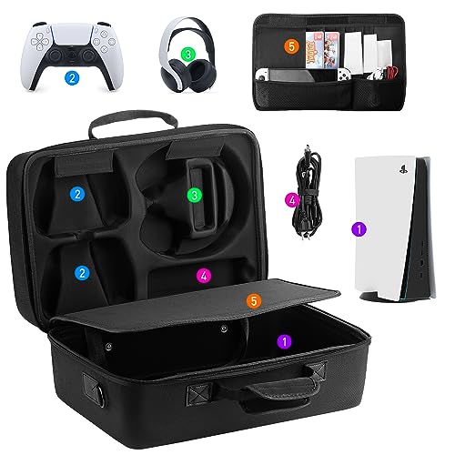 RHOTALL PS5 Travel Carrying Case Compatible with Playstation 5 Console, Portable Protective Hard Shell Bag with 4 Controller Rocker Caps for PS5 Console and Gaming Accessories