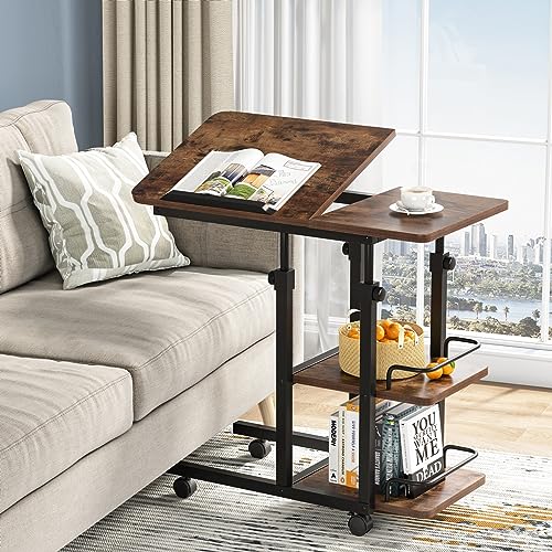 Tribesigns Height Adjustable C Table with Storage, Mobile Couch Snack Side Table with Tiltable Drawing Board, Sofa Bedside Table Laptop Rolling Cart for Bedroom, Living Room (Rustic Brown)