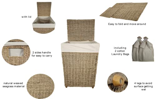 The Acacia Store 100% Natural Rectangular Seagrass Laundry Hamper with 2 100% Cotton Laundry Bags, Foldable with 4 legs made from bamboo and 2 handles, made in Vietnam, 12 x 16 x 24 Inches