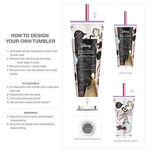 Zak Designs Design-A-Tumbler Disney Princess Cinderella Kids DIY Sticker Tumbler with Straw and Double-Wall Insulation, BPA free, 16 OZ