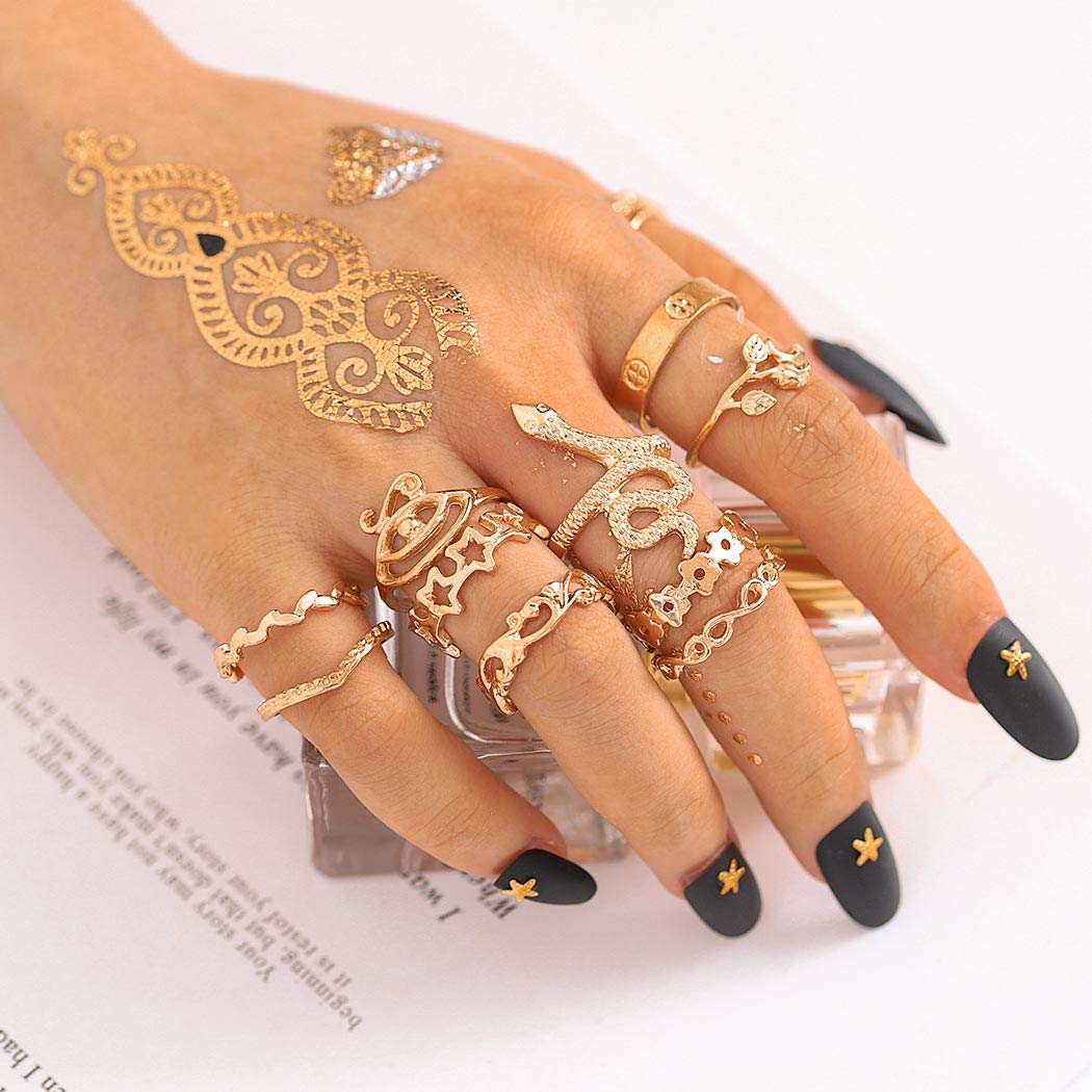 Fstrend Boho Rings Set Gold Snake Rose Joint Knuckle Finger Rings Sets Vintage Star Stackable Midi Ring Jewelry for Women and Girls(11 Pcs)