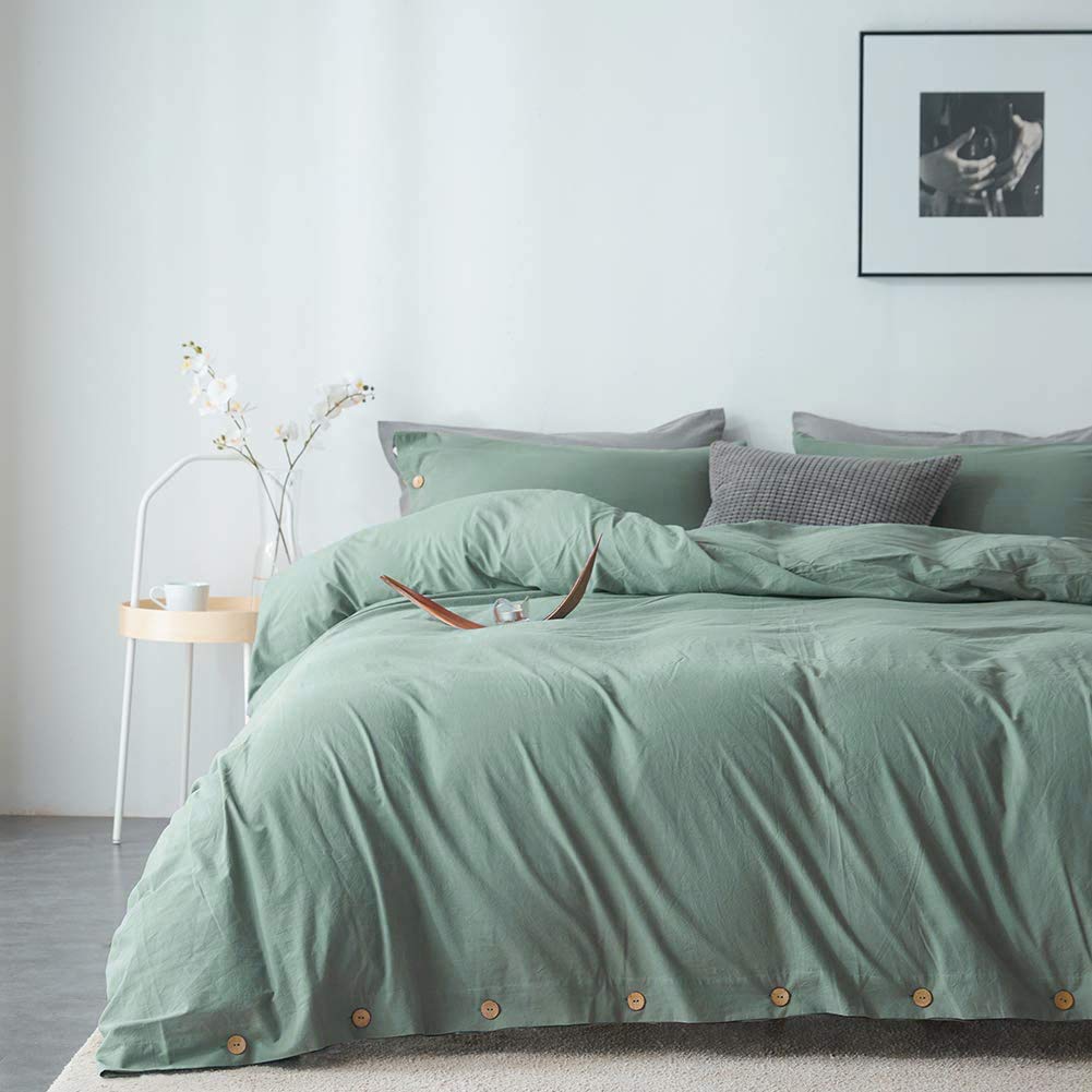 TanNicoor 100% Washed Cotton Duvet Cover Queen Size (90x90 Inch), 3 Pieces (1 Sage Green Duvet Cover + 2 Pillowcases) Soft, Cooling, Breathable Comforter Cover Set with Buttons Closure, Corner Ties