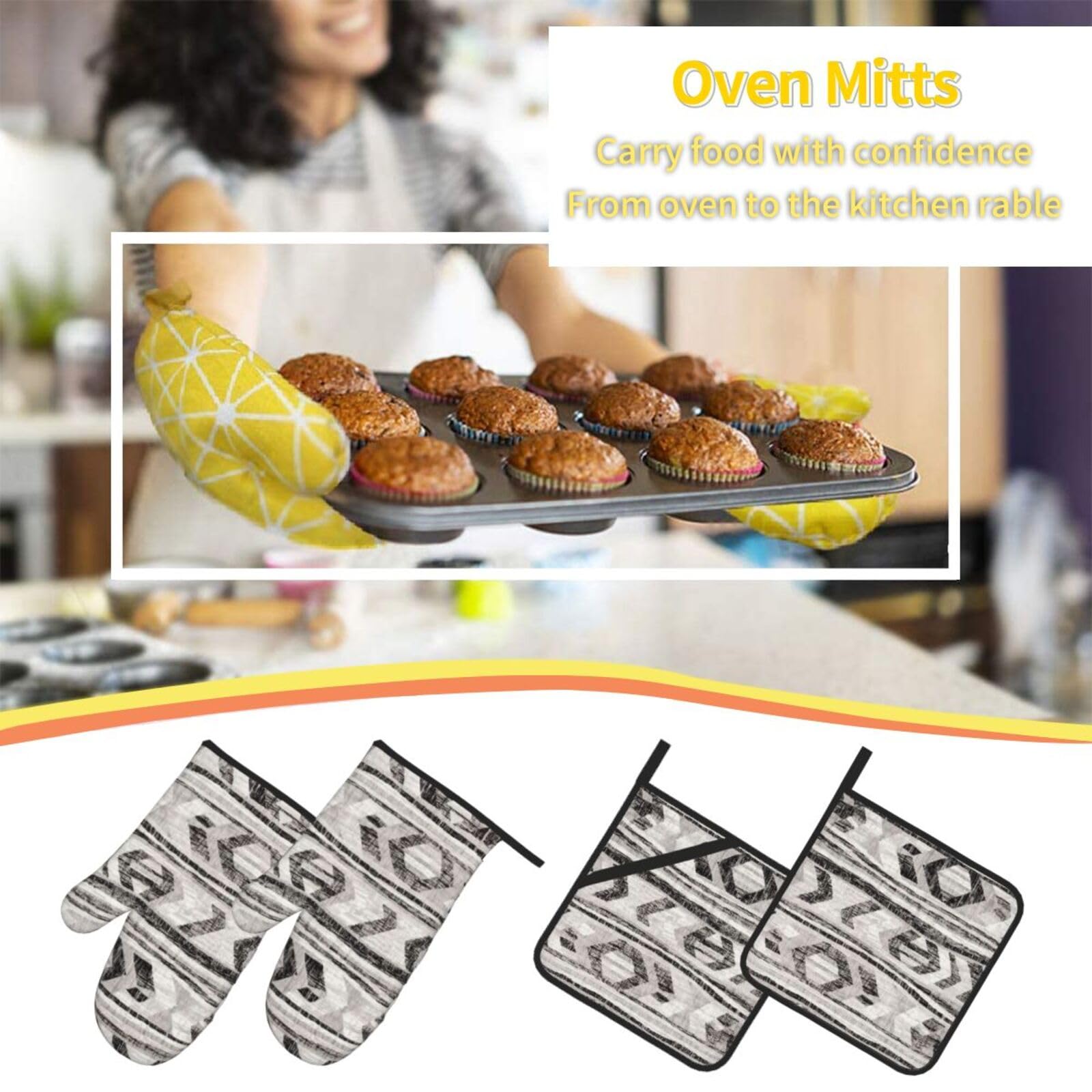 Grey Tribal Kitchen Baking 4-Piece Set–Heat Resistant Oven Mitts and Pot Holders Kitchen Hot Pads