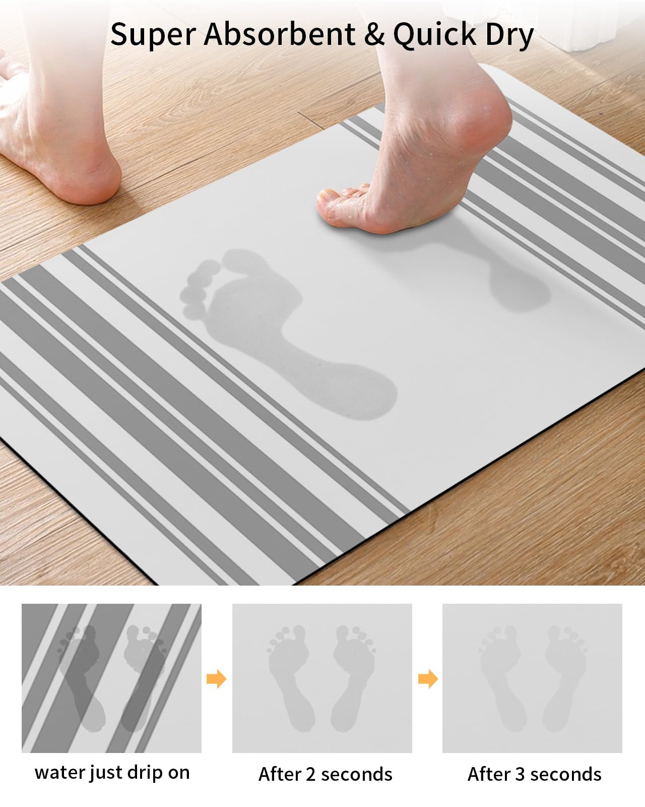 Grey White Stripes Bath Mat for Bathroom Rugs Non Slip, Diatomaceous Earth Bath Mats Quick Dry Absorbent Bath Rug, Thin Rubber Backed Easy to Clean, Casual Bohemian Geometric Art Decor 16"x24"