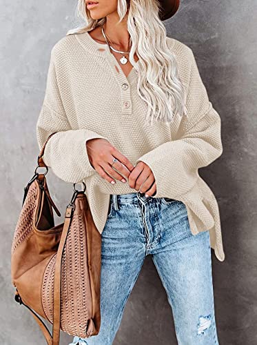 Pink Queen Women's Button Oversized Sweater Batwing Long Sleeve V Neck Henley Top Fall Pullover Knit Jumper Beige XL