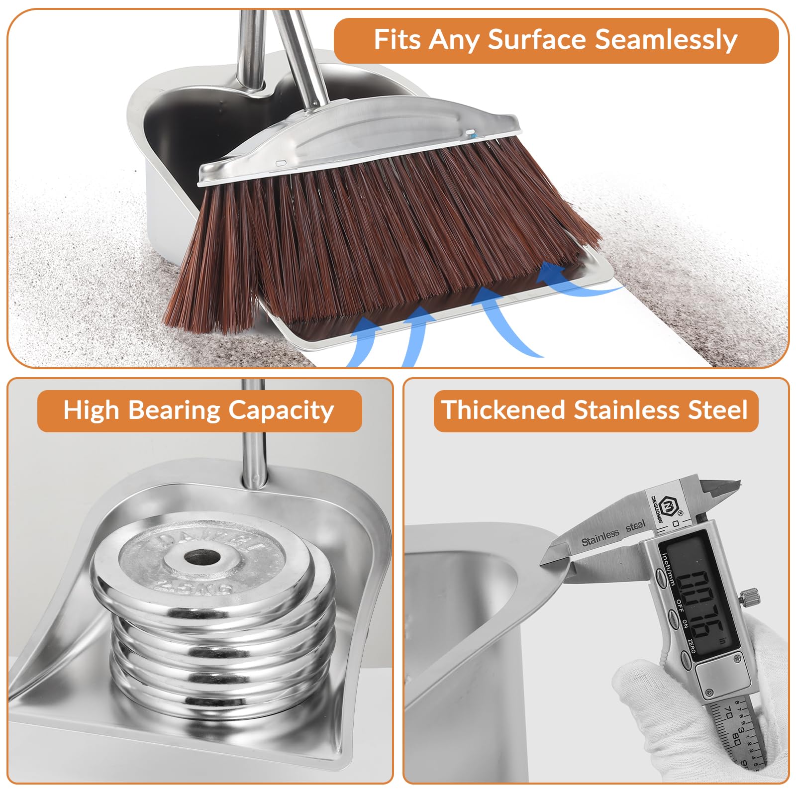 VOOWO Broom with Dustpan Combo Set, 46" Stainless Steel Broom and Dustpan Set for Home, Heavy Duty Dust Pan with Long Handle, Broom for Sweeping Indoor and Outdoor, Kitchen Broom and Dust Pan (Brown)