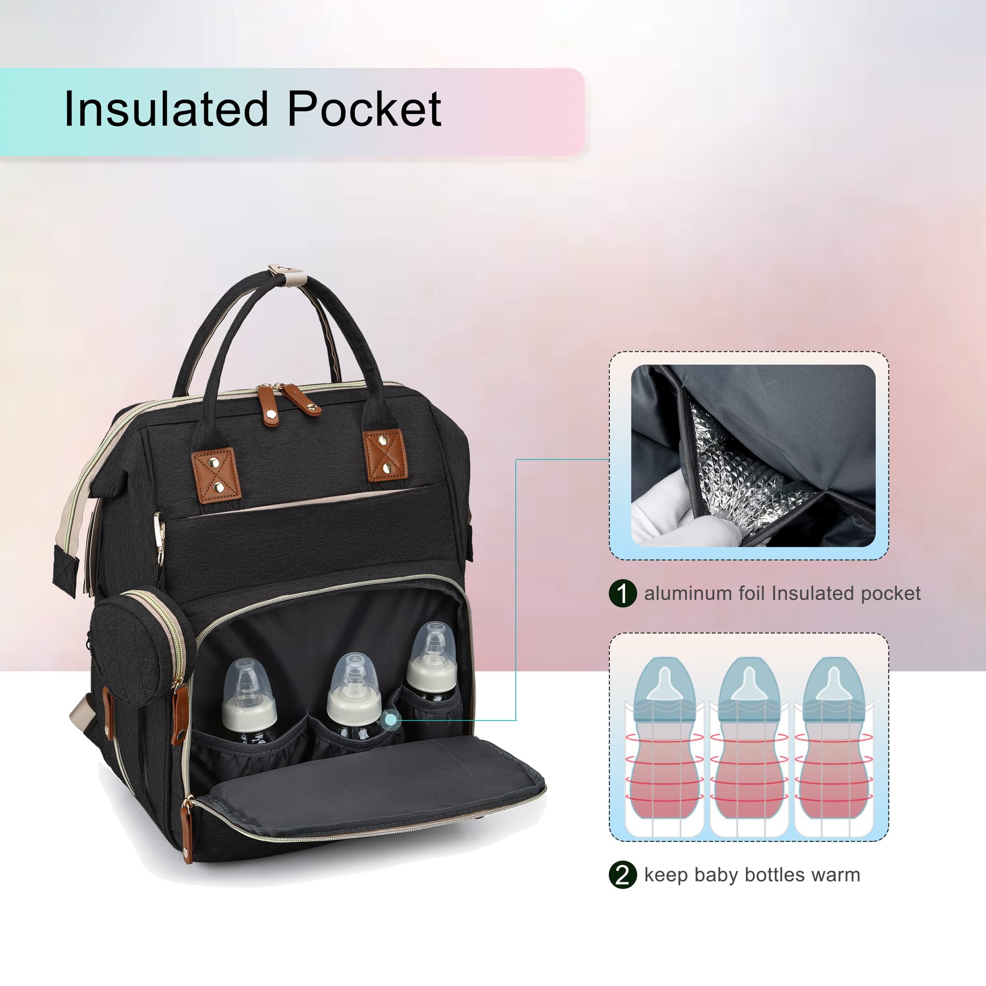 SALIFA Diaper Bag Backpack with Changing Station, 3 in 1 Baby Diaper Backpack with Foldable Changing Pad, Large Waterproof Travel Back Pack for Moms Dads, Black