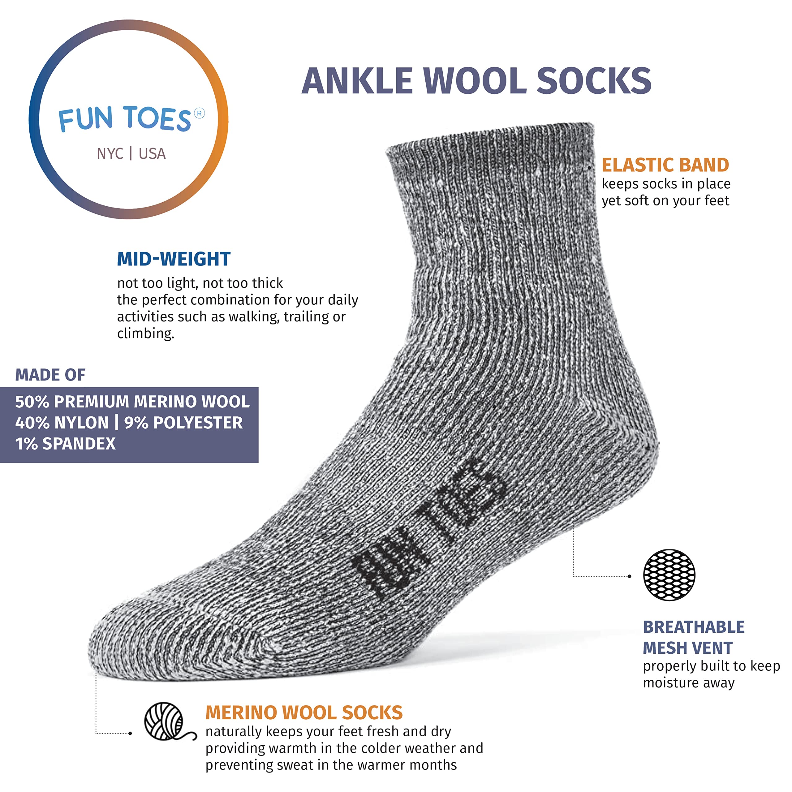 FUN TOES Merino Wool Ankle Socks 6 Pairs Arch Support and Cushioning Heel to Toe Reinforcement Ideal for Hiking (Grey, Men 10-13)