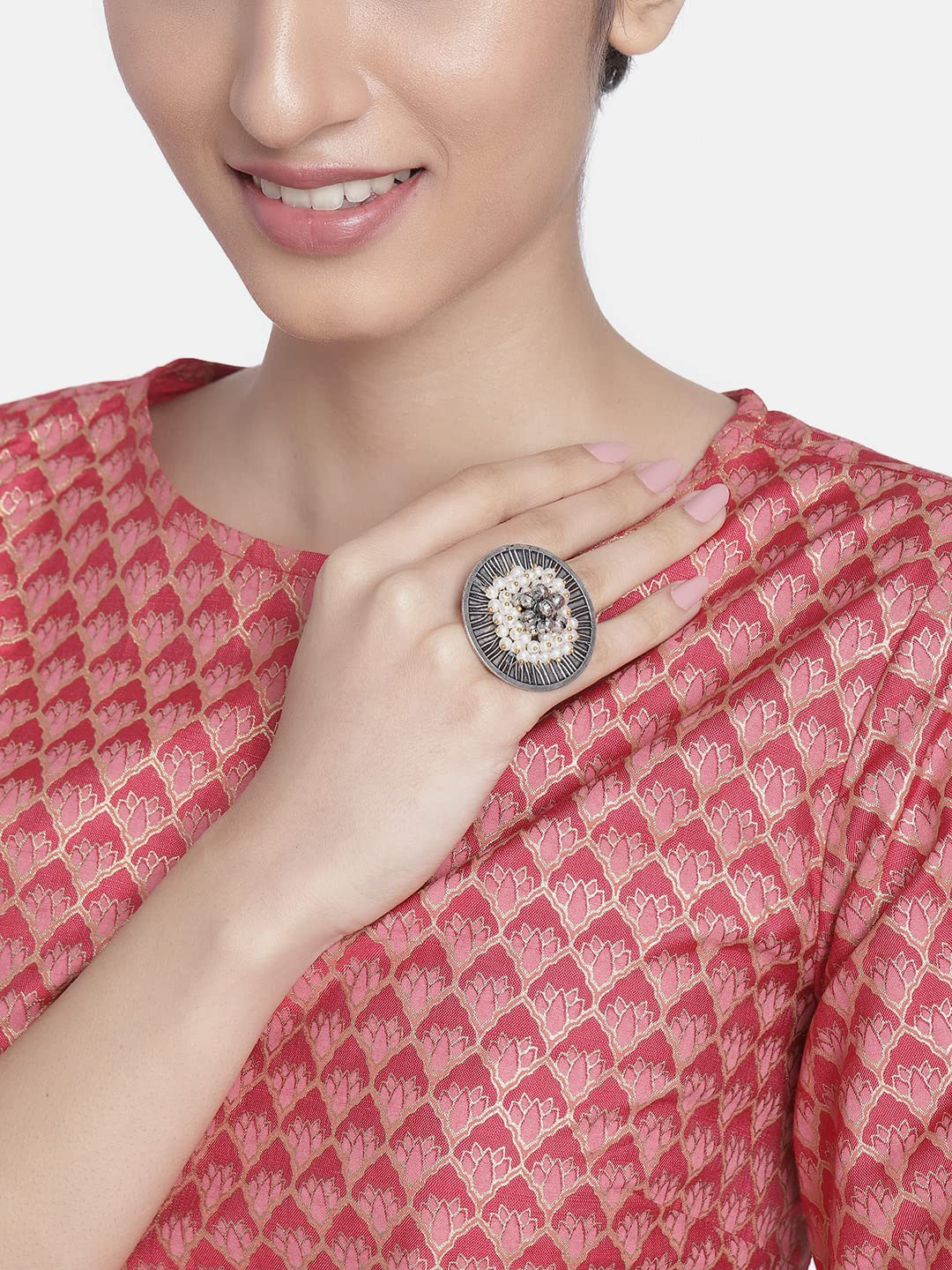 I Jewels Silver Oxidised Indian Wedding Bollywood Ethnic Adjustable Brass Finger Ring Embellished With ghungroo and pearl (Style-2)
