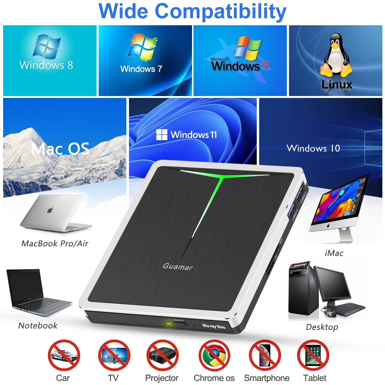 Guamar External Blu Ray Drive, USB 3.0 Type C Blu-ray Burner Bluray DVD Player BD Reader Writer Slim Portable Blue ray CD/DVD Optical Disk Drives for Laptop PC Mac MacBook Computer Desktop Windows 11