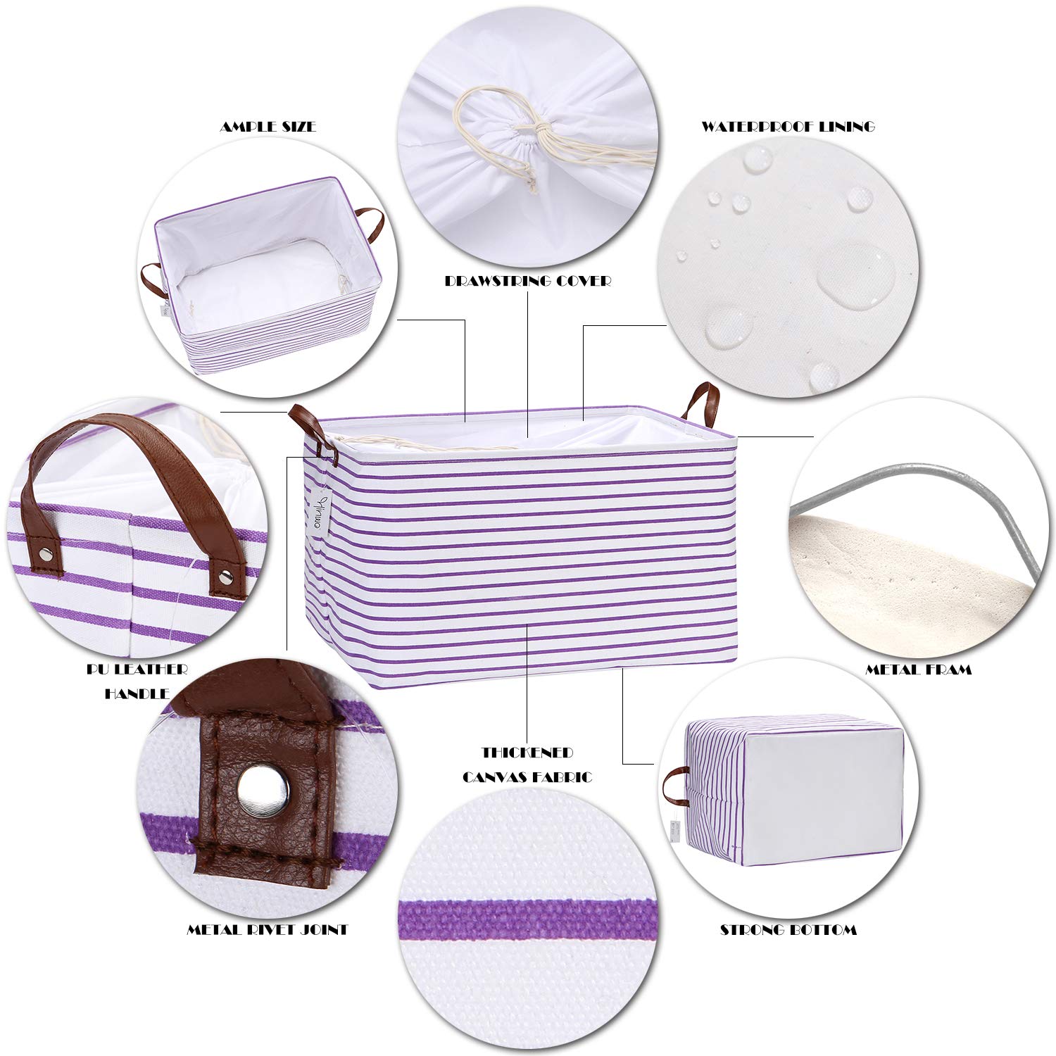 Hinwo 2-Pack Extra Large Canvas Fabric Storage Baskets with Handles, 70L Oversized Storage Bins, Collapsible Storage Box, Clothes, Toys, Blankets Organizers, 22 x 15 x 13 inches, (Purple Stripe)