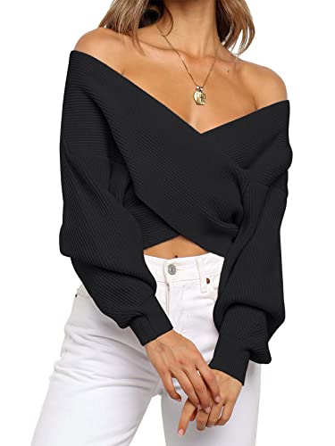 ZCSIA Women's Wrap V Neck Cropped Sweaters 2023 Fall Long Sleeve Cross Front Off Shoulder Solid Knitted Pullover Tops,Black,XLarge