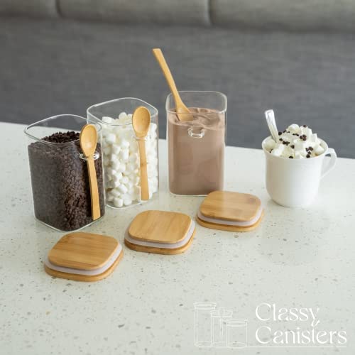Set of 3 Square Glass Food Storage Containers With Bamboo Lids & Spoons β Decorative Airtight 40 Ounce Borosilicate Glass Food Storage Jars for Coffee, Tea, Sugar, Flour, Candy, Bath Salts & More