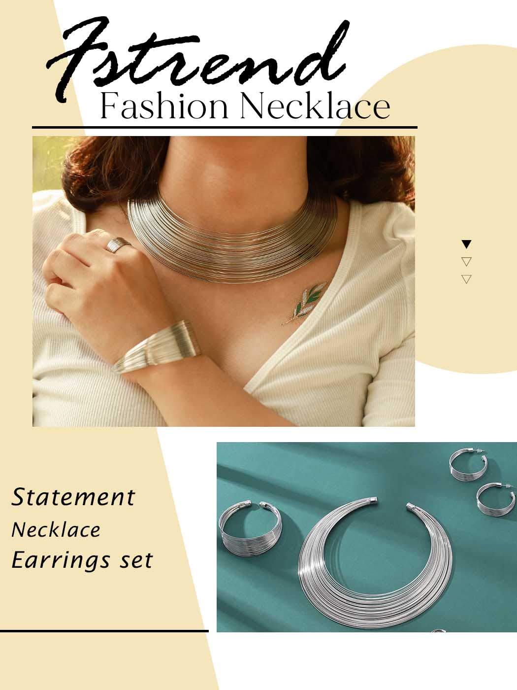 Fstrend Statement Choker Bracelet Earrings Set Gold Plated African Bib Chunky Necklace Costume Party Jewelry Accessories for Women (Silver)