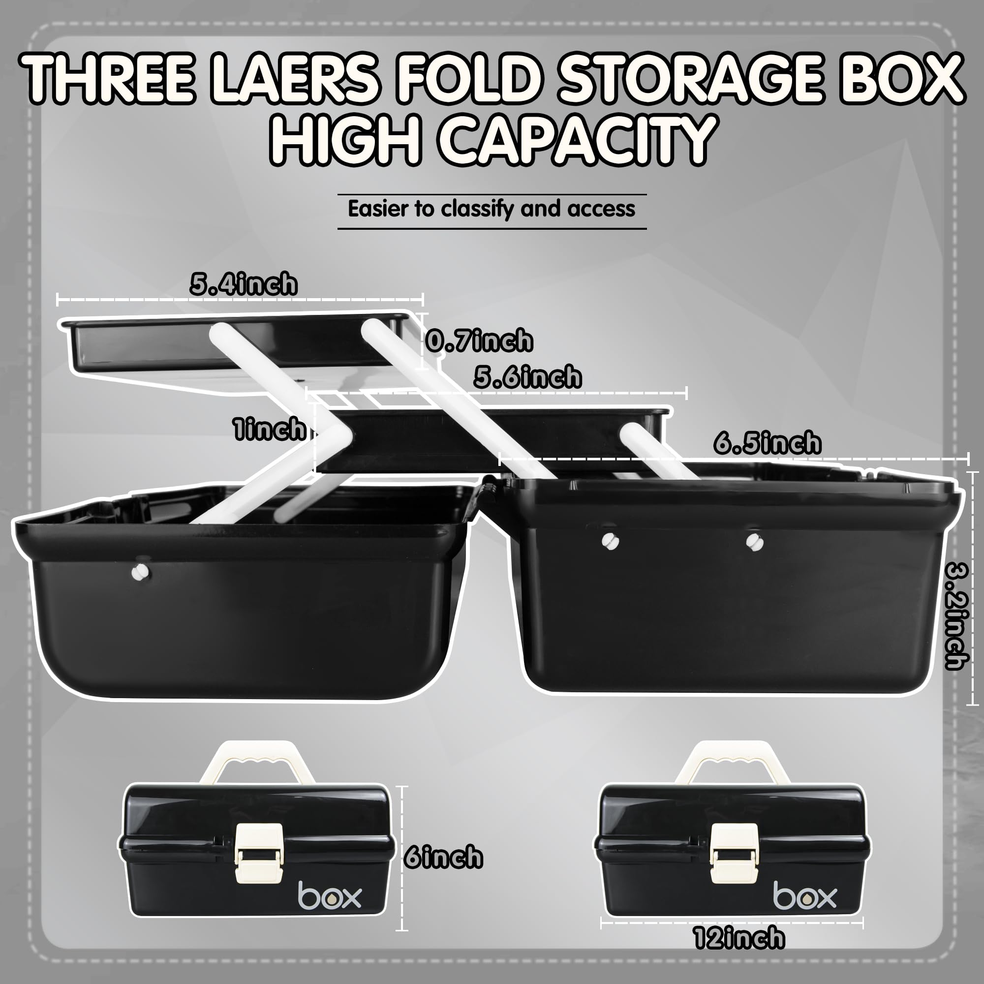 TERGOO 12in Three-Layer Multipurpose Storage Box Organizer Folding Tool Box/Art & Crafts Case/Sewing Supplies Organizer/Medicine Box/Family First Aid Box with 2 Trays (Black)…