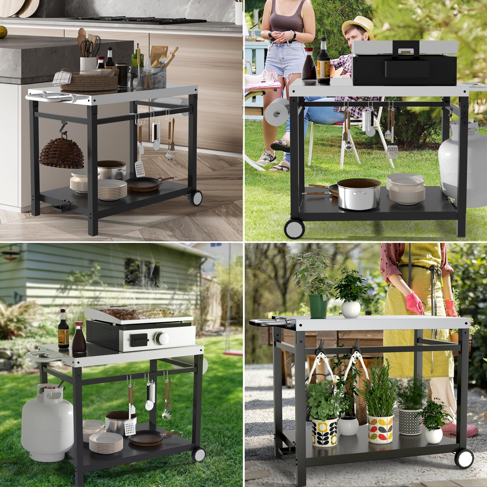 GLOWYE Grill Carts Outdoor with Wheels Portable Griddle Stand Pizza Oven Table, Multifunctional Double-Shelf Blackstone Cart Griddle Table for Blackstone, Ninja Grills, Black