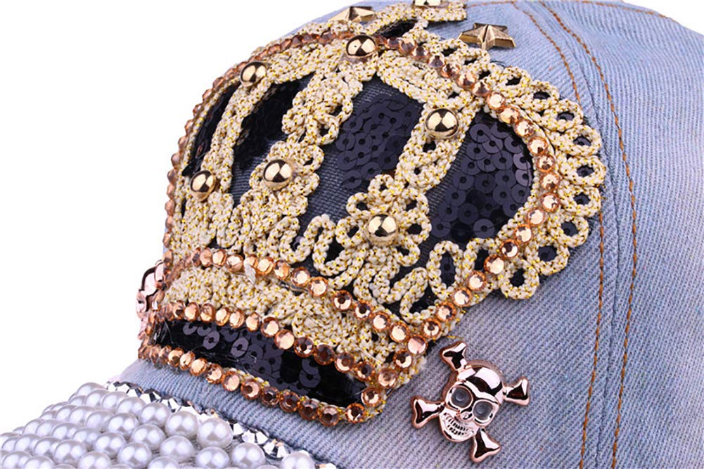 Gudessly Bling Women Baseball Cap Flower Snapback Rhinestone Sun Hats Adjustable Denim Jeans Hat (Crown)