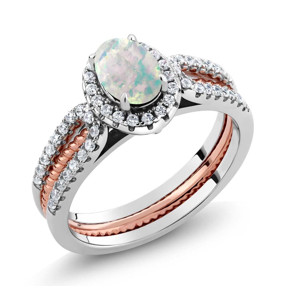 Gem Stone King 925 2-Tone Sterling Silver Simulated Opal Wedding Band Insert Engagement Stackable Ring For Women (1.25 Cttw, Available 5,6,7,8,9) (Size 9)