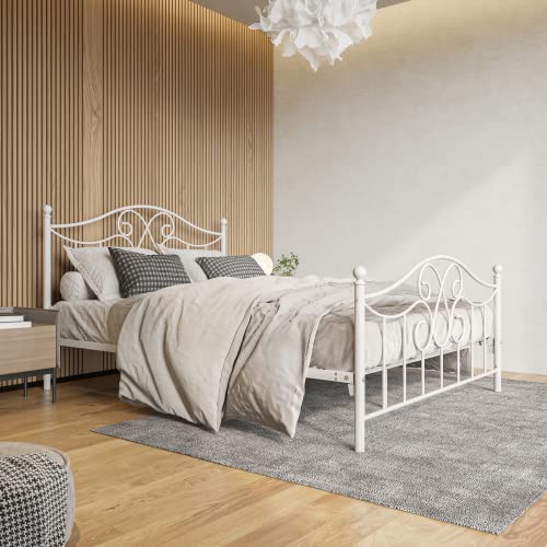 FUZOFUIZ Queen Metal Bed Frame,No Box Spring Needed with Vintage Headboard and Footboard Premium Steel Slat Support Mattress Foundation (White)