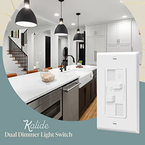 TOPGREENER Kalide Dual Load Dimmer Light Switch, Double LED Dimmer Switch, Full Range Dimming, Single Pole, Wall Plate Included, 120VAC,200W LED/CFL, Neutral Wire Not Required, TGDDS-W-2PCS, White