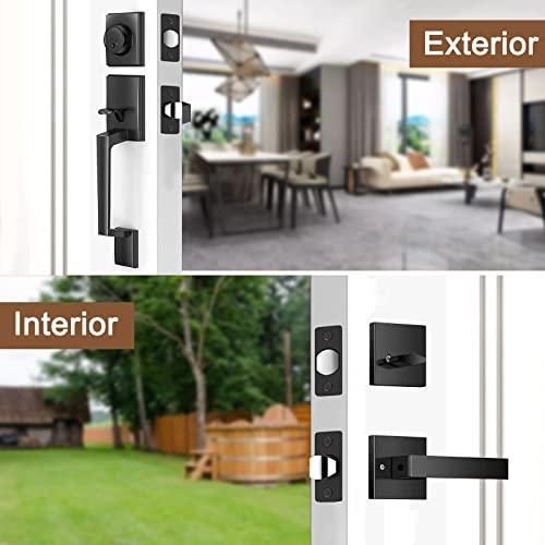 Tionzion Front Door Handle, Single Cylinder Handleset with Deadbolt and Lever Door Handles for Exterior Door, Reversible for Right and Left-Handed, Entry Door Lock Set Matte Black Finish