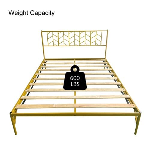 FUZOFUIZ Vintage Queen Metal Bed Frame, Modern Platform Bed Frame, Heavy Duty Platform Bed with Round Posts, Matress Foundation, No Box Spring Needed, Gold