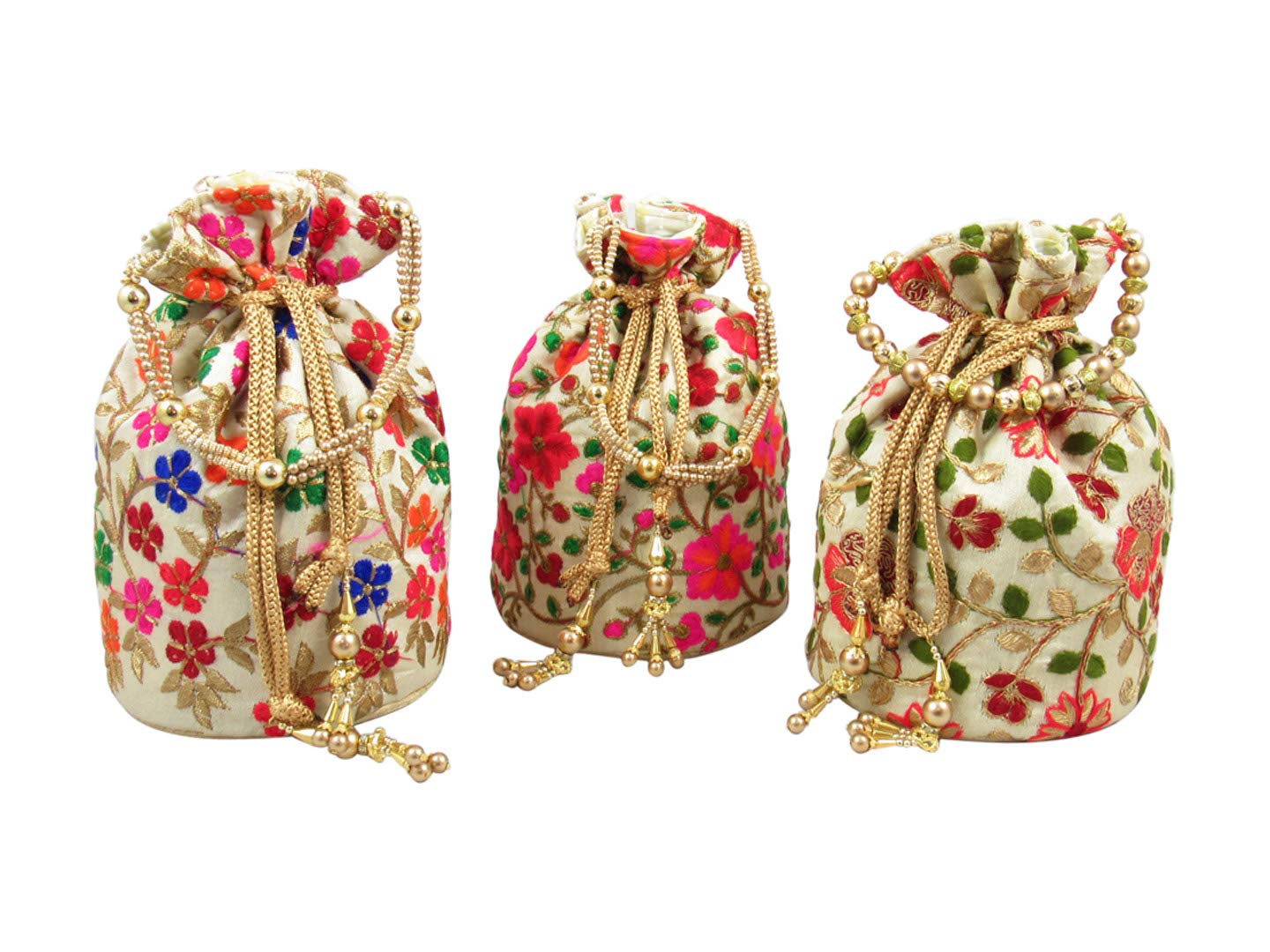 GoldGiftIdeas Glorious Vintage Floral Potli Bags,Indian Bridal Clutch,Traditional Potli Bags for Return Gift, Ethnic Rajasthani Potli Bags, Fancy Wedding Potlis (Set of 3)