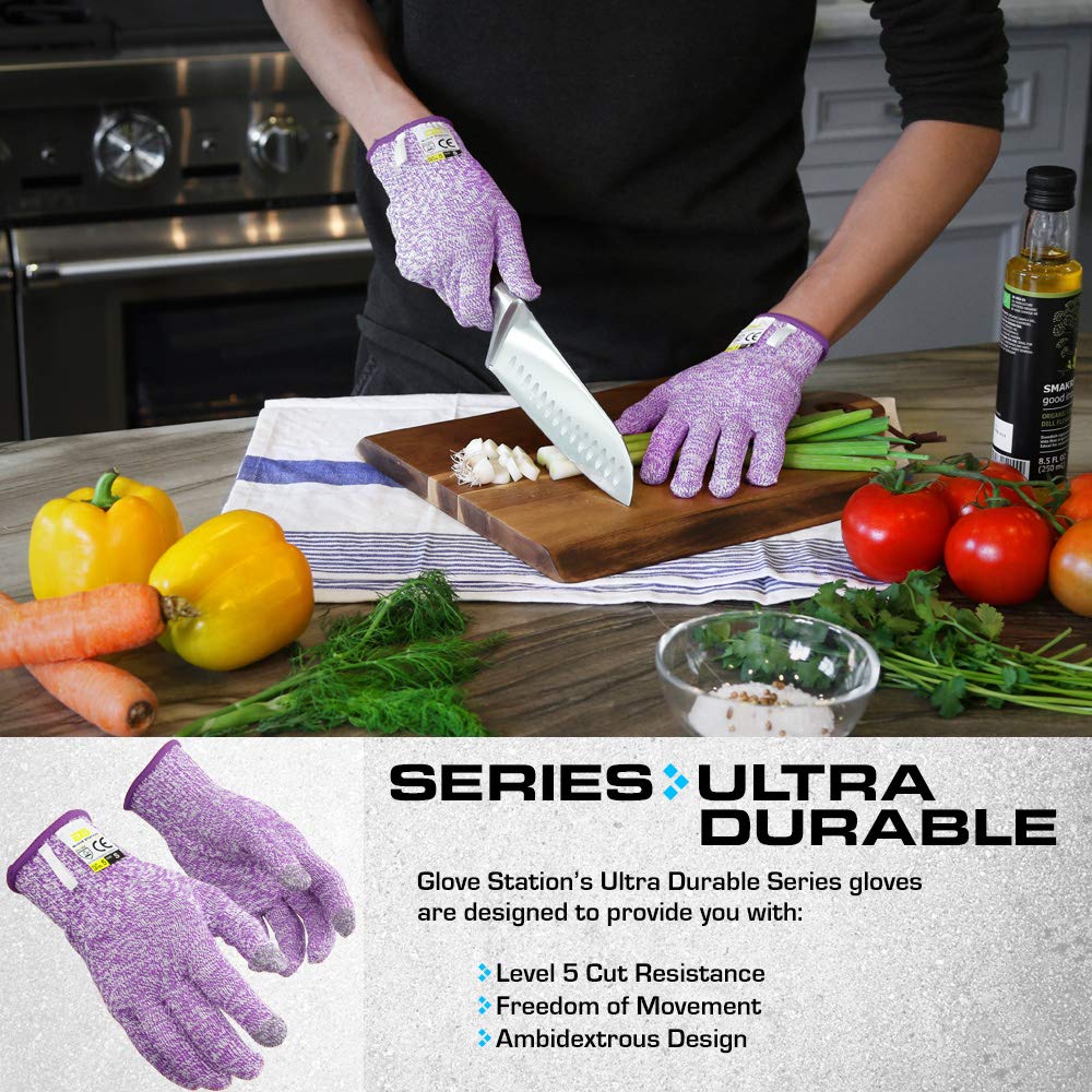 Glove Station Ultra Durable Series Cut Resistant Gloves - Cutting Gloves for Chefs, BBQ and Cooking - Level 5 Protection; Food Grade Safe Cut Proof Gloves - Purple, Medium Size