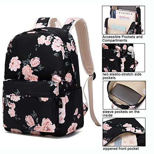 SHEEYEE School Backpack for Girls Bookbags with Lunch Box Set Students Laptop Travel Floral Backpack(Black with Flower)
