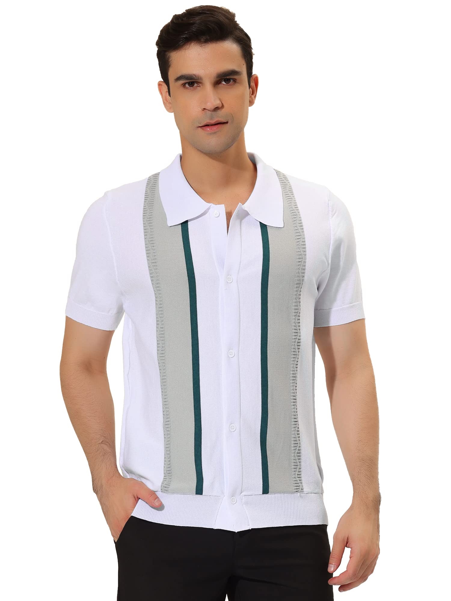 Lars Amadeus Men's Stripe Button Down Knit Polo Shirts Short Sleeve Vintage Golf Shirt Medium White Gray