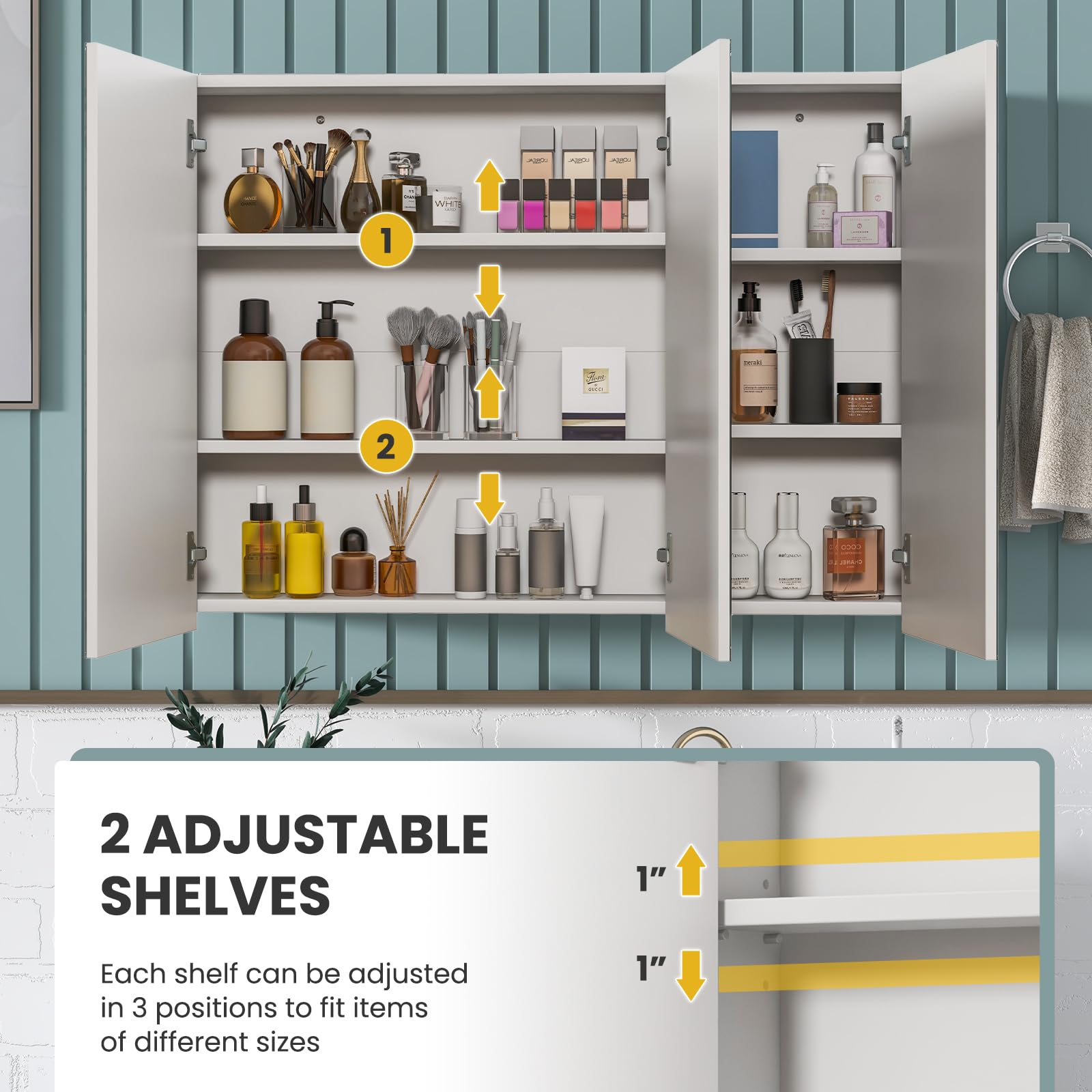 Giantex Bathroom Medicine Cabinet with Mirror - Extra Large Wall Mounted Cabinet with 3 Frameless Mirrored Doors, 2 Adjustable Shelves, 36β x 25.5β Recessed or Surface Mount Bathroom Cabinet