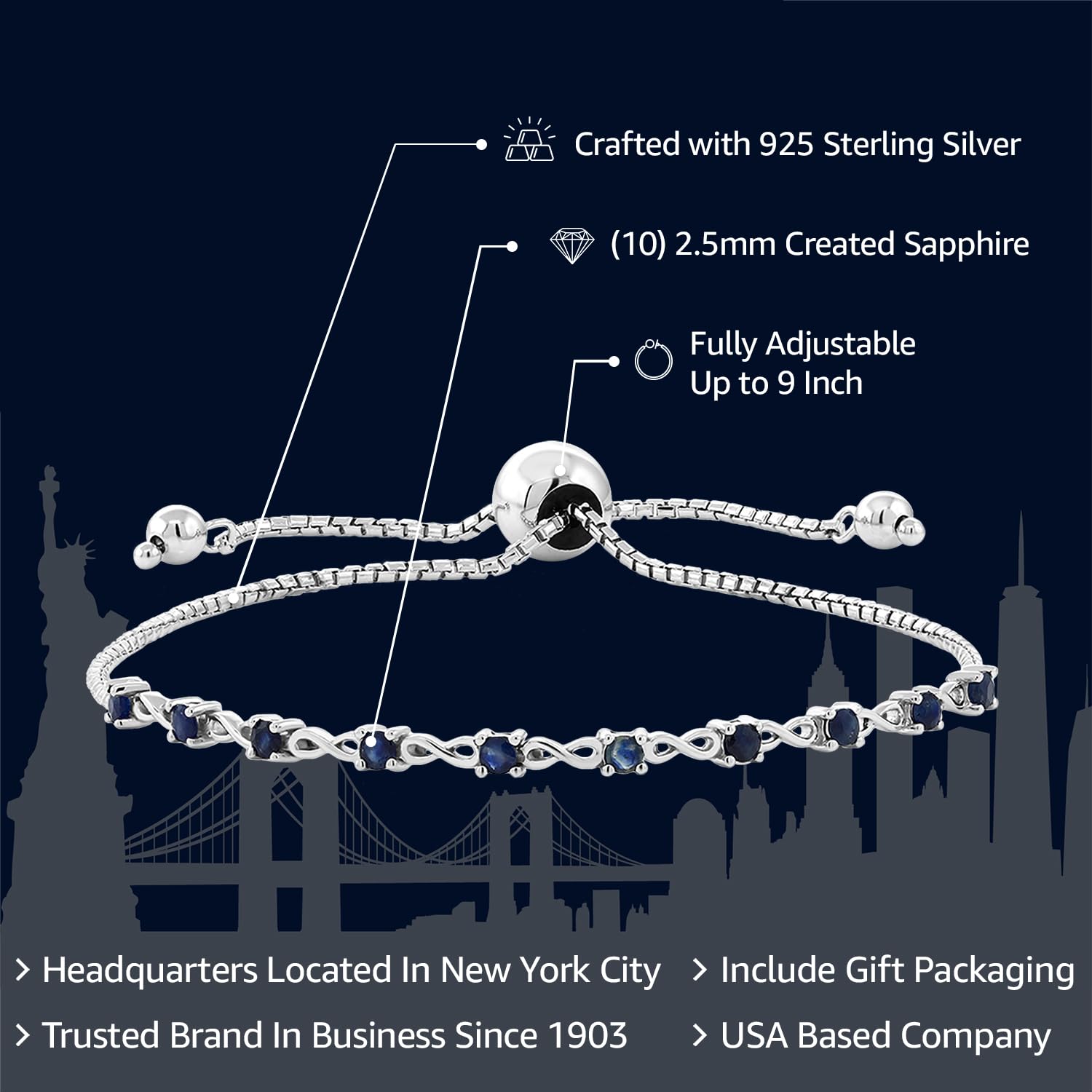 Gem Stone King 925 Sterling Silver Blue Created Sapphire Adjustable Bracelet For Women (0.50 Cttw, Round Cut 2.5MM, Gemstone Birthstone, Fits Up To 9 Inch Wrist)