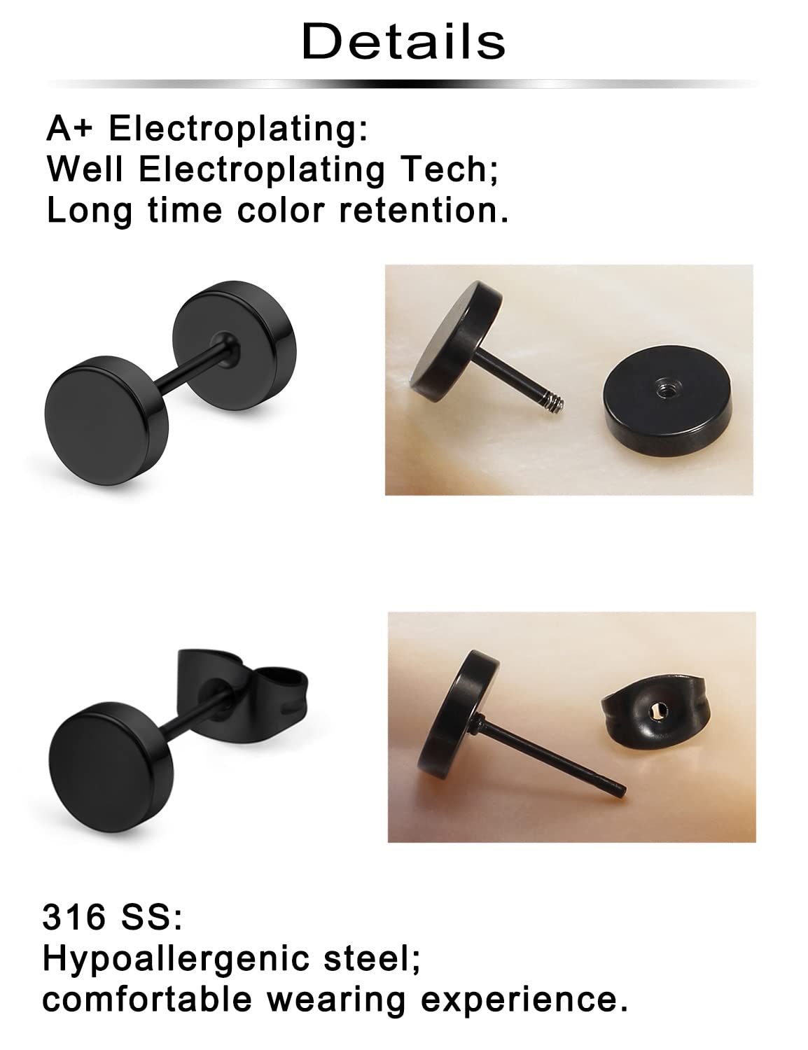 Ftovosyo 12 Pairs Black Stud Earrings for Men Stainless Steel Round Disc Faux Gauges Ear Studs for Women 3mm-8mm