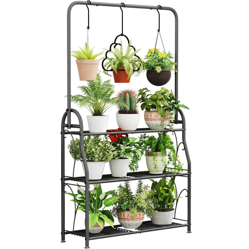 SORCEDAS Plant Stand 3 Tier Indoor Outdoor Tall Corner Hanging Plant Shelf Metal Flower Stands Ladder Plant Holder for Room Balcony Garden Patio Multiple Plants, Dark Grey