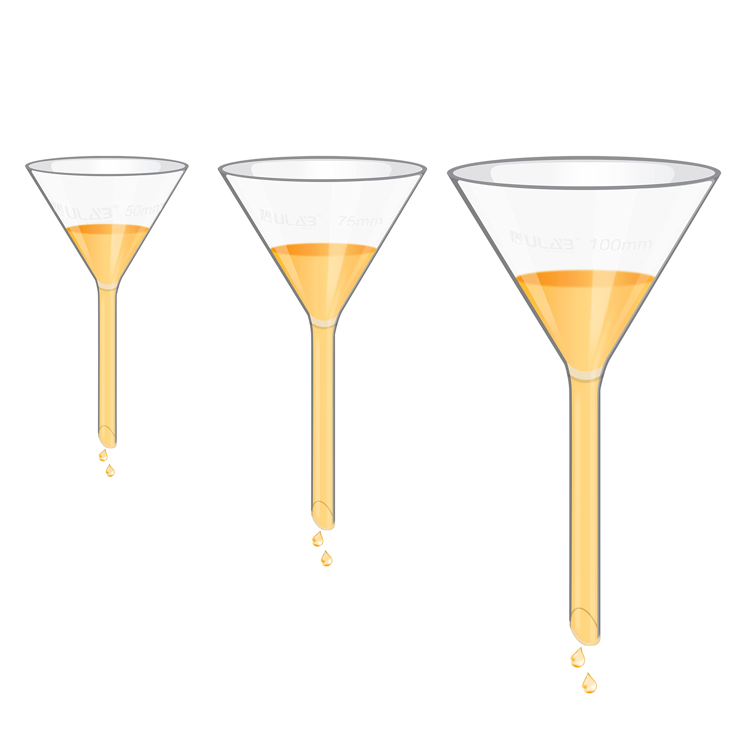ULAB Scientific Glass Funnel Set, 1 of Each Size 50mm 75mm 100mm with Approx. 60° Angle, Short stem, UGF1009