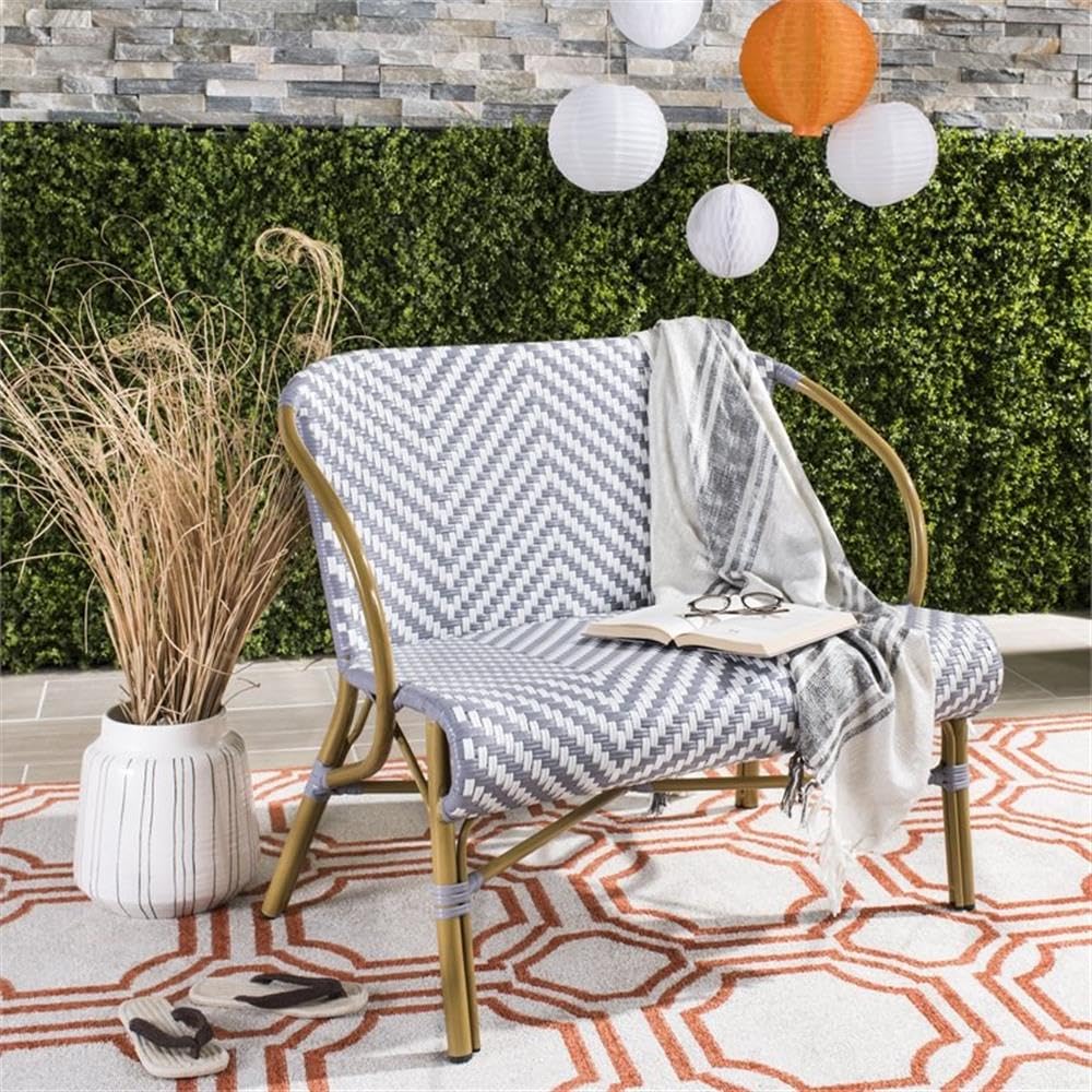 SAFAVIEH PAT4016A Outdoor Collection Dandra Navy and White Herringbone Rattan Settee